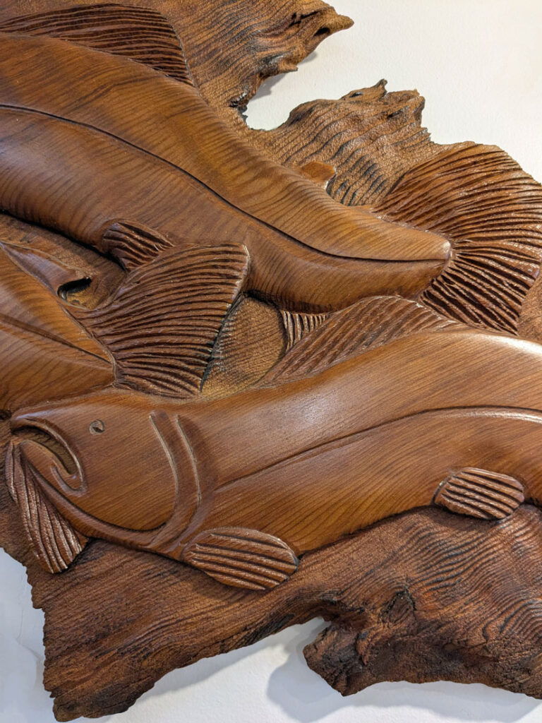 Three-Salmon Redwood Wall carving - Forest Gems Gallery